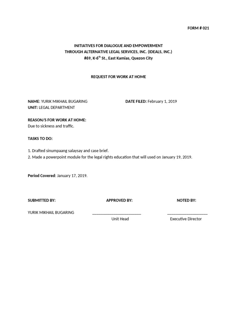Work From Home Request - Legal Department | PDF