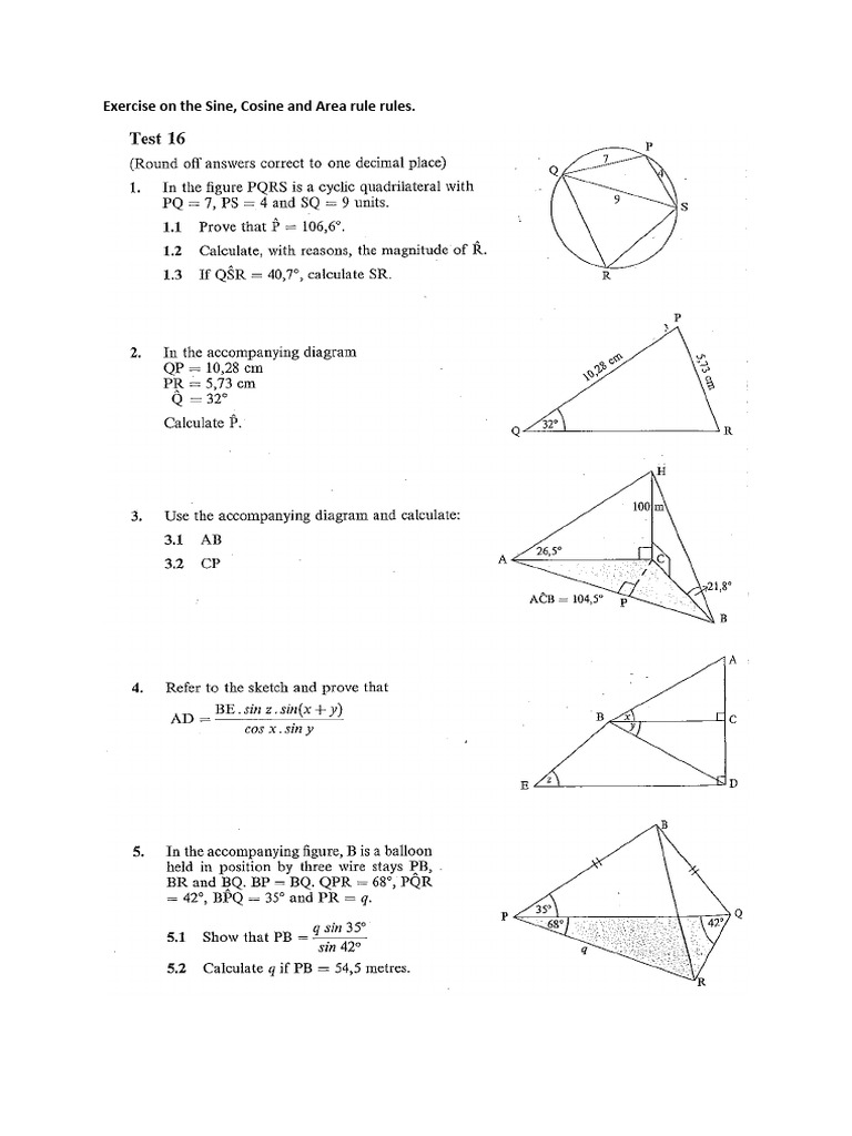 Exercise On The Sine Cosine and Area Rules | PDF