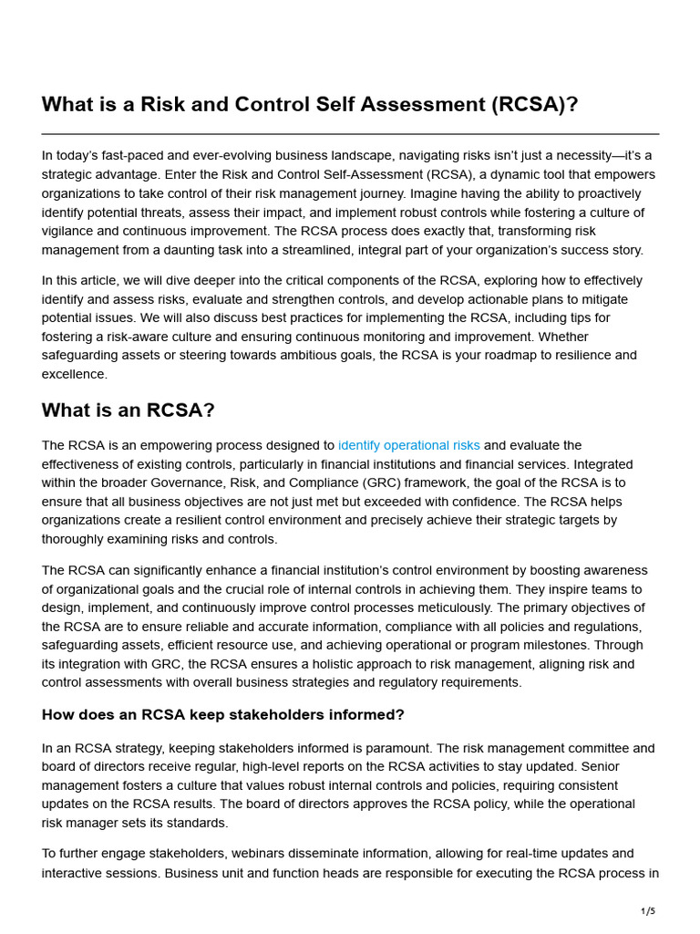 What Is A Risk and Control Self Assessment RCSA | PDF | Risk Management ...