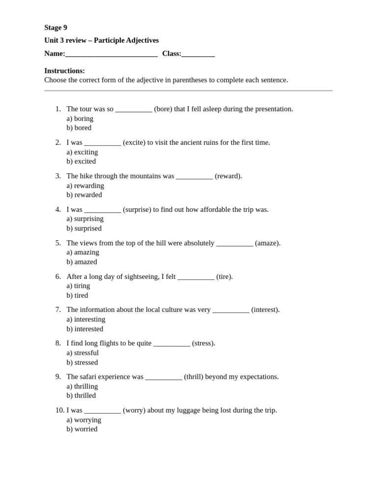 Participle Adjectives Review Quiz | PDF | Linguistic Typology | Linguistics