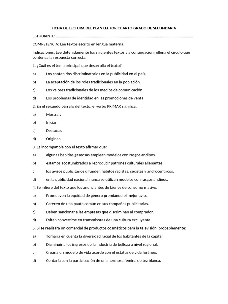 Ficha de Lectura Del Plan Lector Cuarto Grado de Secundaria | PDF