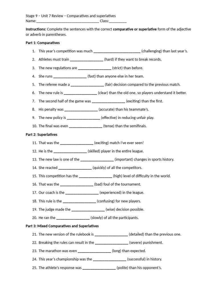 Unit 7 Review - Comparatives and Superlatives | PDF | Sports