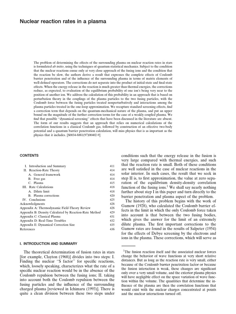 Nuclear Reaction Rates in A Plasma | PDF | Nuclear Fusion | Plasma ...