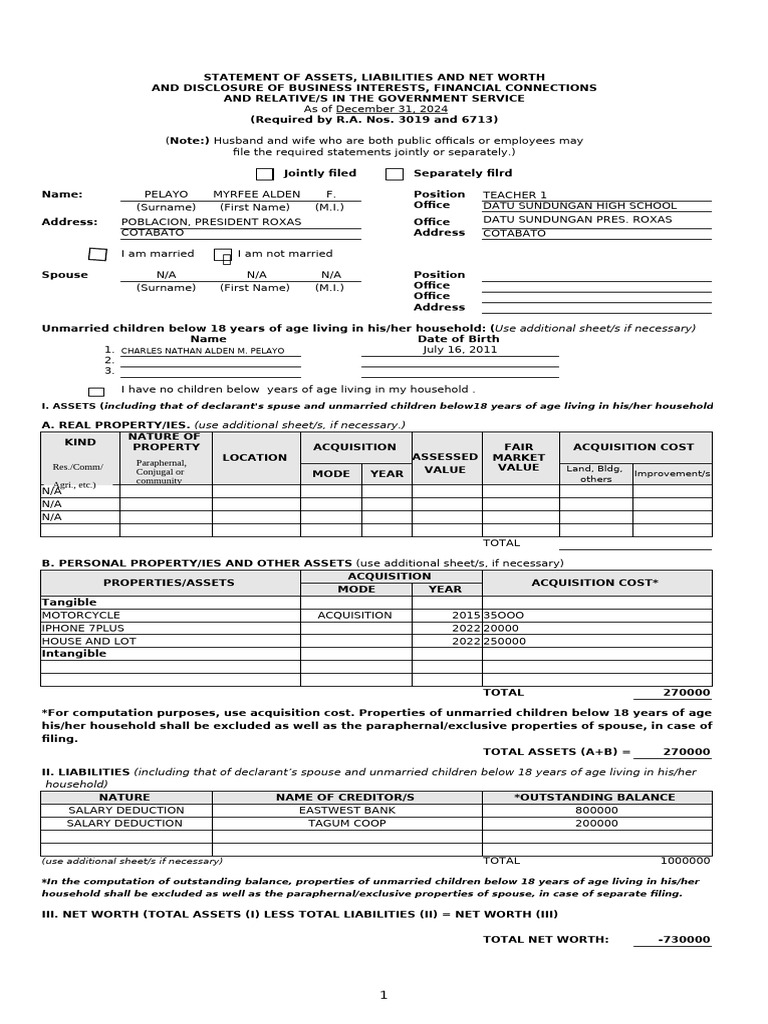SALN-EXCEL-FORMAT - XLSX Alden | PDF | Tax Deduction | Expense