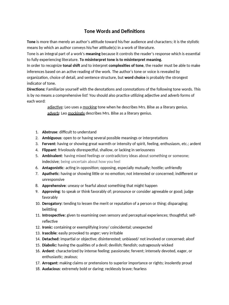 Tone Words with Definitions List | PDF | Tone (Linguistics) | Psychology