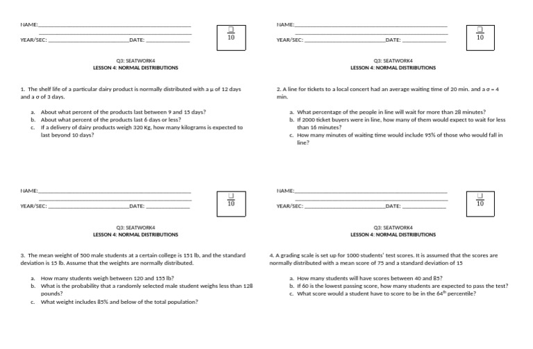 Seatwork On Application-Of-Normal-Distribution | PDF | Normal ...