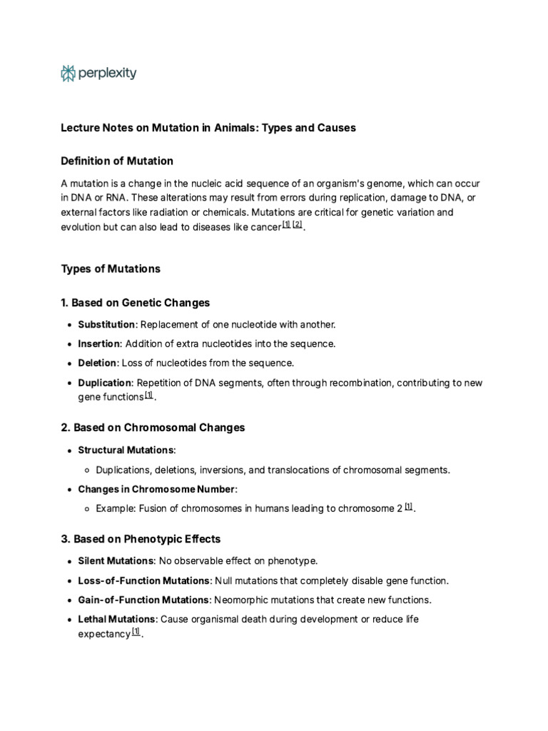 Lecture Notes On Mutation in Animals - Types and CA | PDF | Mutation | Dna