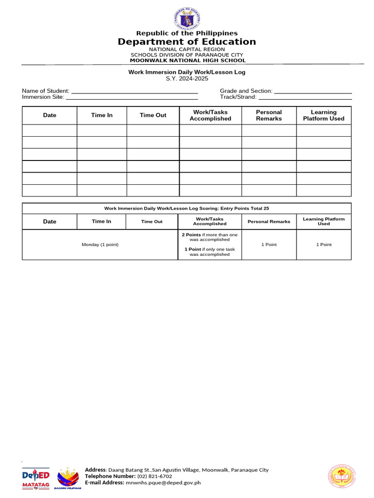Work Immersion Log and Reflection Guide | PDF
