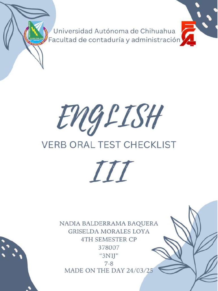 Verb Oral Test Checklist | PDF