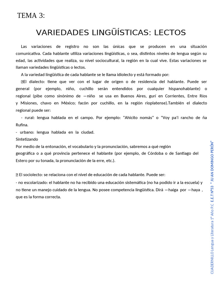 Ejemplos de Lectos y Variedades Lingüísticas | PDF | Dialecto | Lexicología