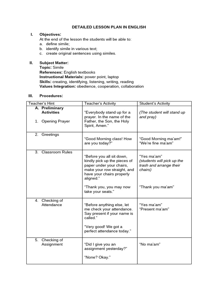 Detailed Lesson Plan in English | PDF | Lesson Plan | Prayer