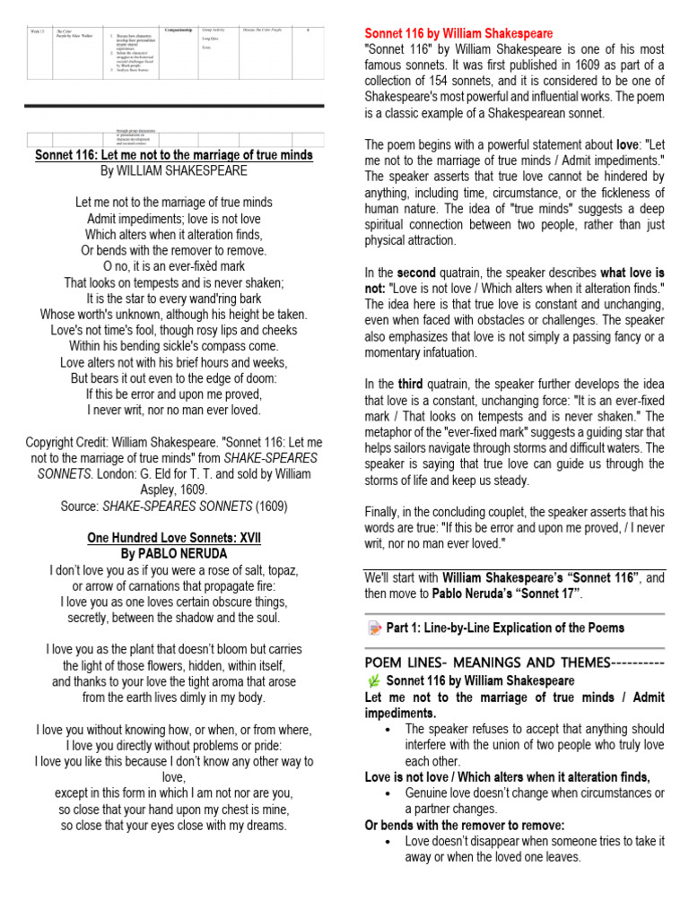 Sonnet_116_by_William_Shakespeare_and_Sonnet_17_by_Pablo_Neruda | PDF | Sonnets | Stanzaic Form