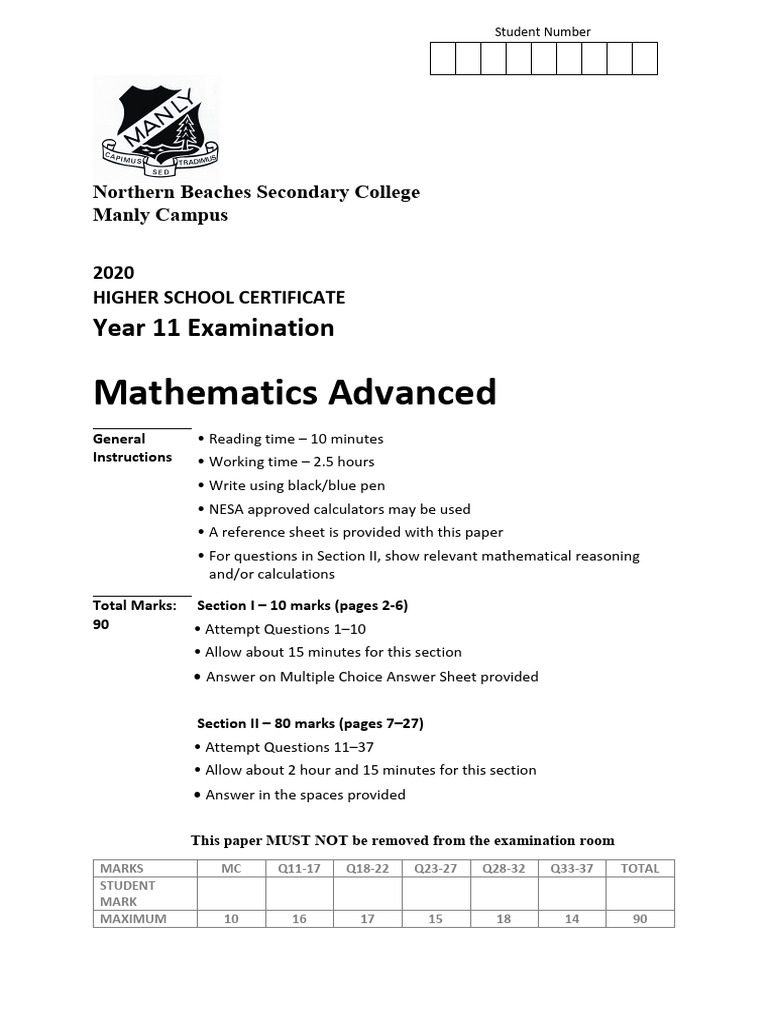 2020 - MSC - Y11 - Mathematics - Adv - Yearly Final | PDF | Multiple ...