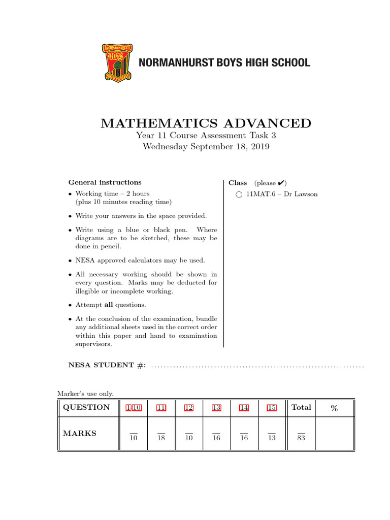 2019 - Normanhurst - Year - 11 - Mathematics - Adv - Assessment - Task - 3 | PDF | Angle | Pi