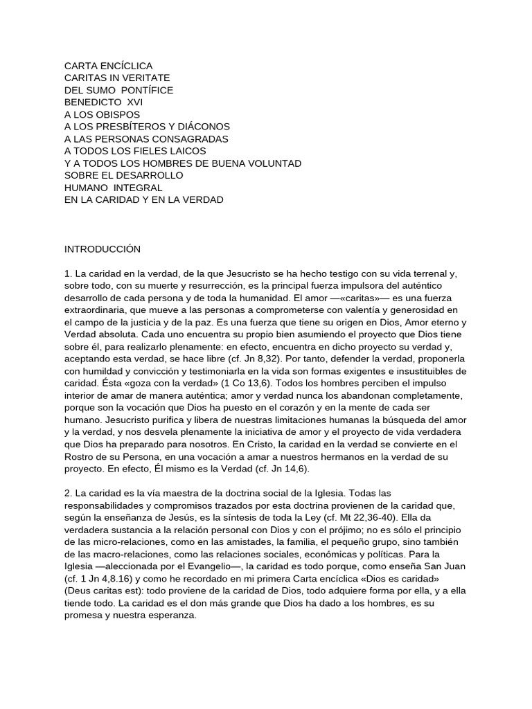 Caritas Un Veritate (Intro, Cap 1 y 2) | PDF | Doctrina social católica | Verdad