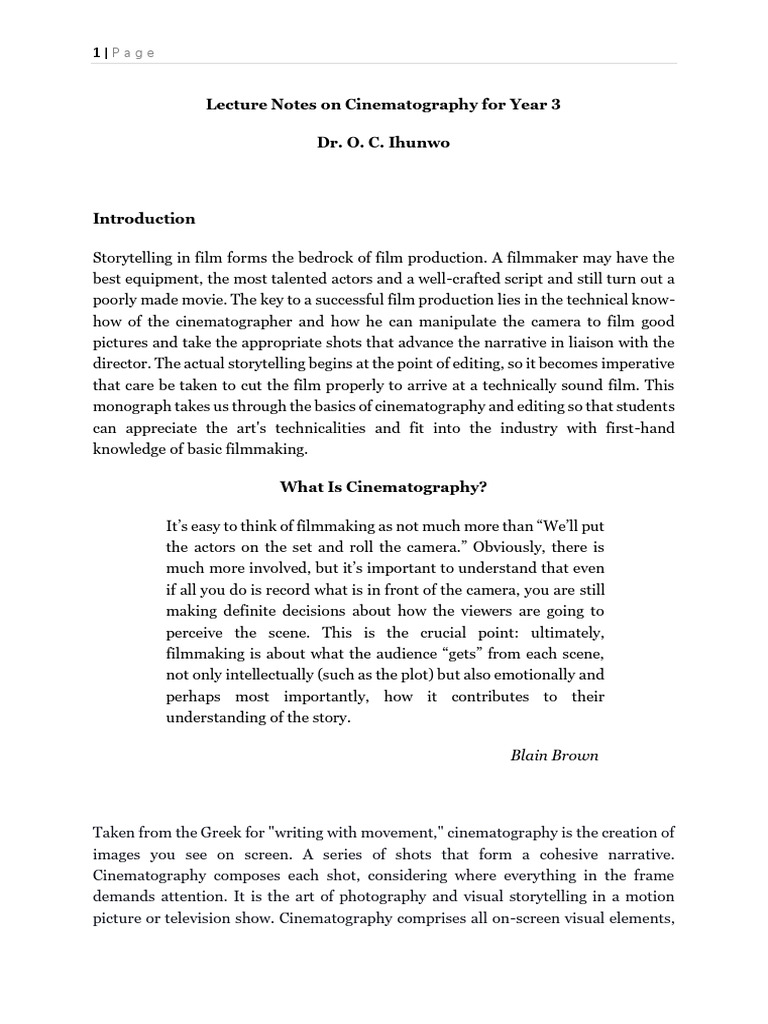 Lecture Notes On Cinematography For Year 3 | PDF | Camera Lens | Aperture