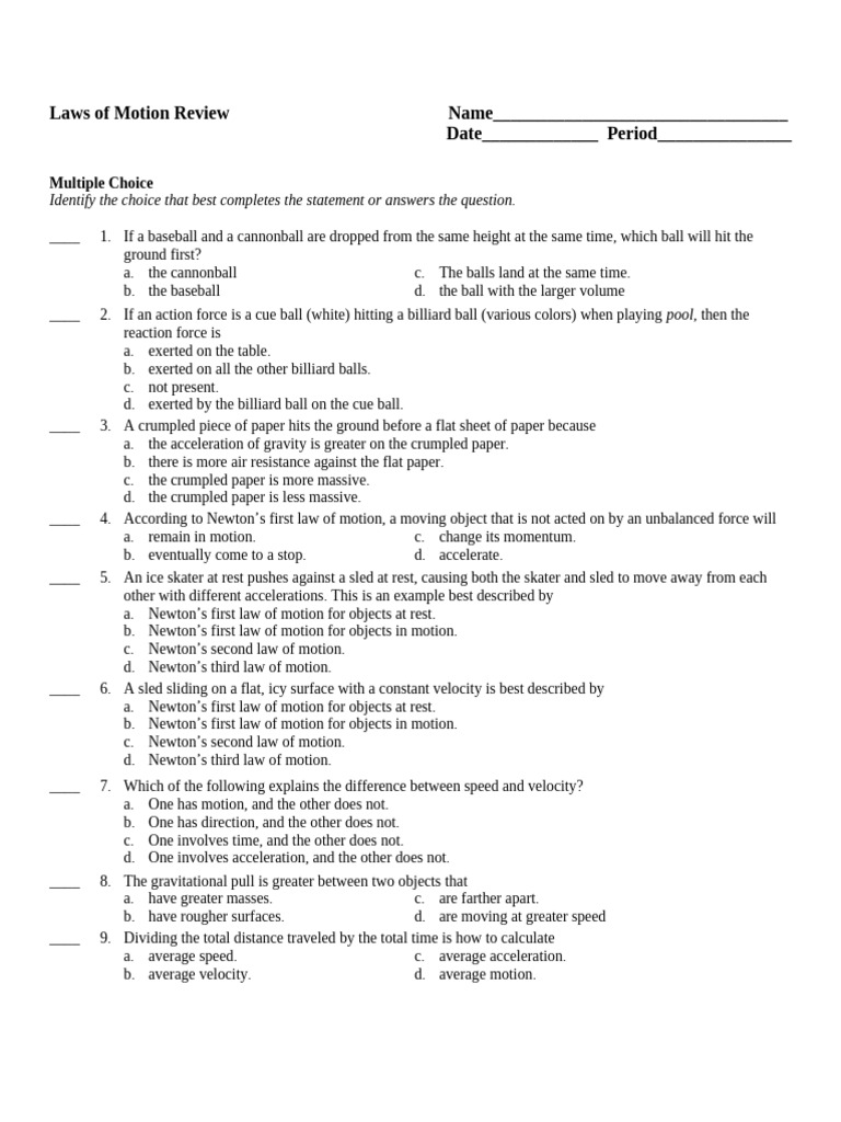 Laws of Motion Review Quiz | PDF | Force | Newton's Laws Of Motion