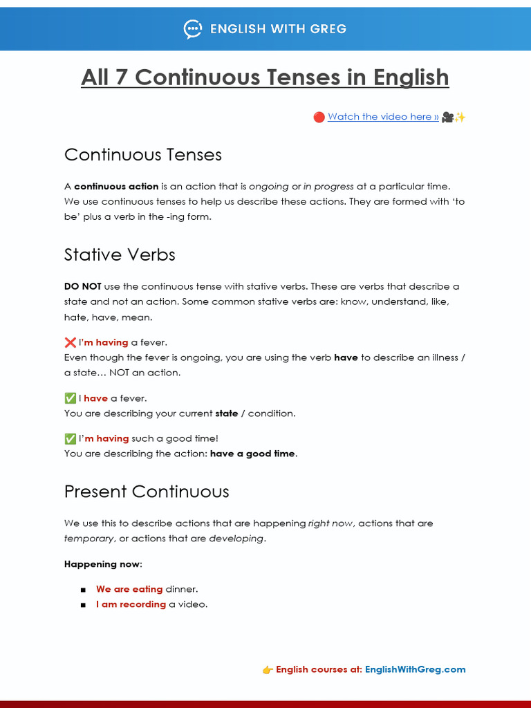 Overview of English Continuous Tenses | PDF | Language Mechanics | Grammar
