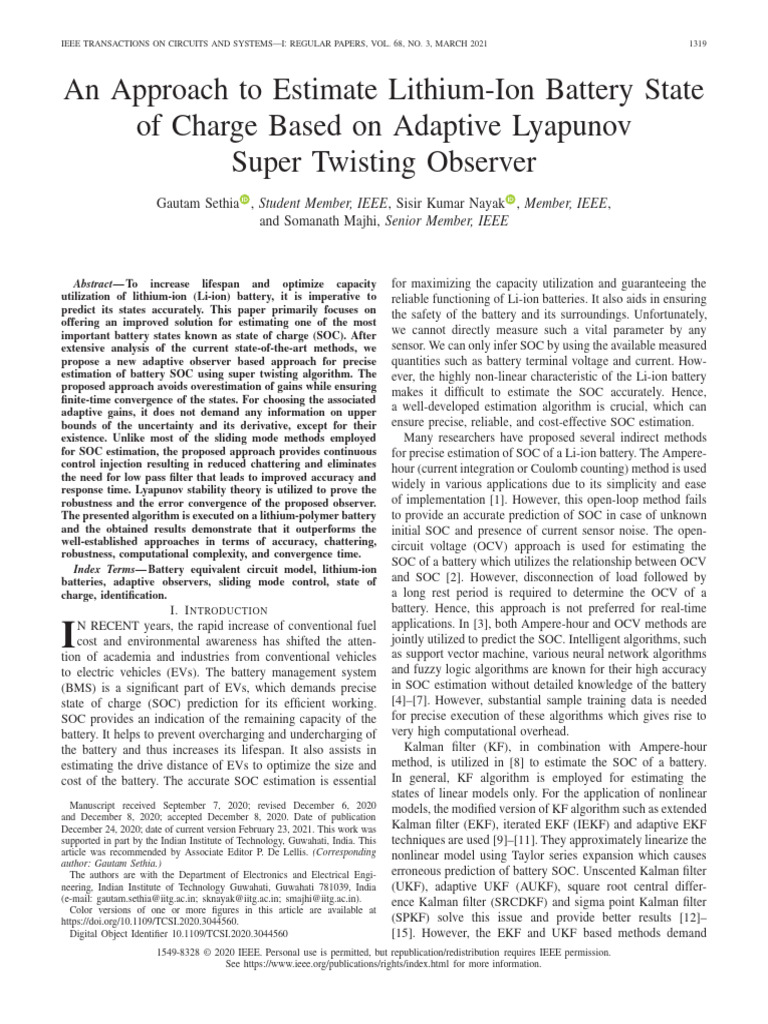An Approach to Estimate Lithium-Ion Battery State of Charge Based on Adaptive Lyapunov Super ...