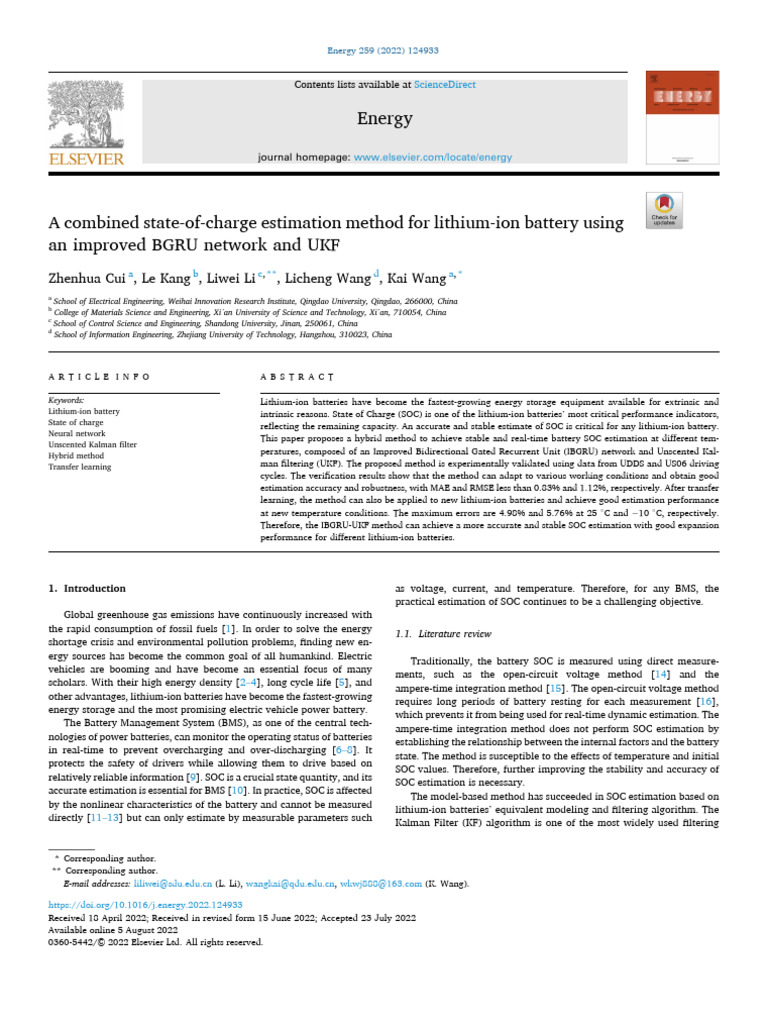 A Combined State Of Charge Estimation Method For Lithium Ion Battery Using An Improved Bgru