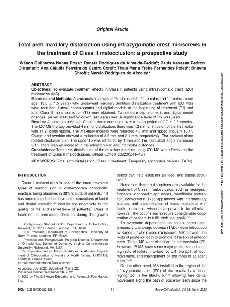 Total arch maxillary distalization using infrazygomatic crest miniscrews in | PDF | Orthodontics ...