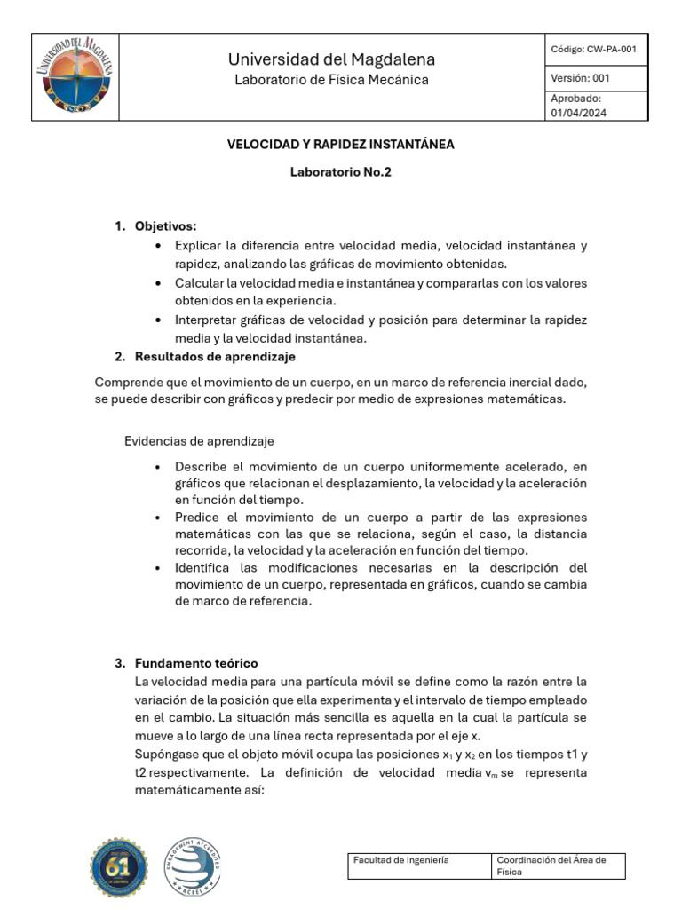 VELOCIDAD Y RAPIDEZ INSTANTÁNEA Laboratorio No.2 | PDF | Velocidad ...