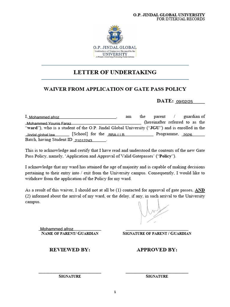 Undertaking - Waiver of Gate Pass Policy | PDF