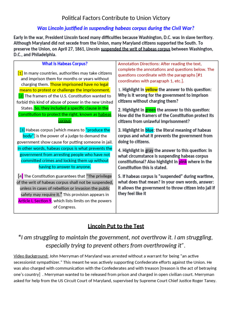 Lincoln's Habeas Corpus Suspension Explained | PDF | Roger B. Taney ...