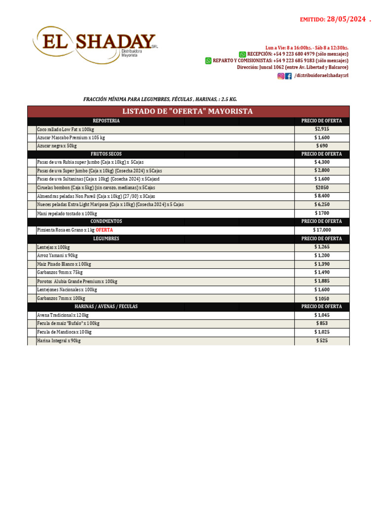 El Shaday SRL - Listado 1007 - 2024-5-28 | PDF | Pimenton | Nuez