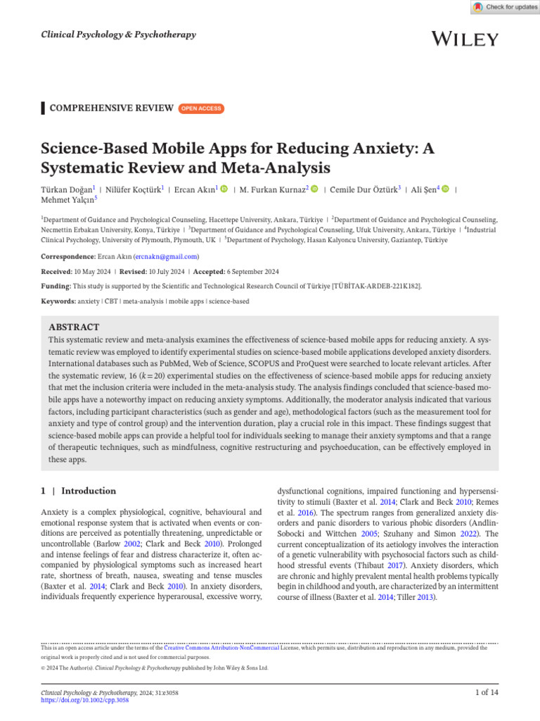 Clin Psychology and Psychoth - 2024 - Doğan - Science Based Mobile Apps ...