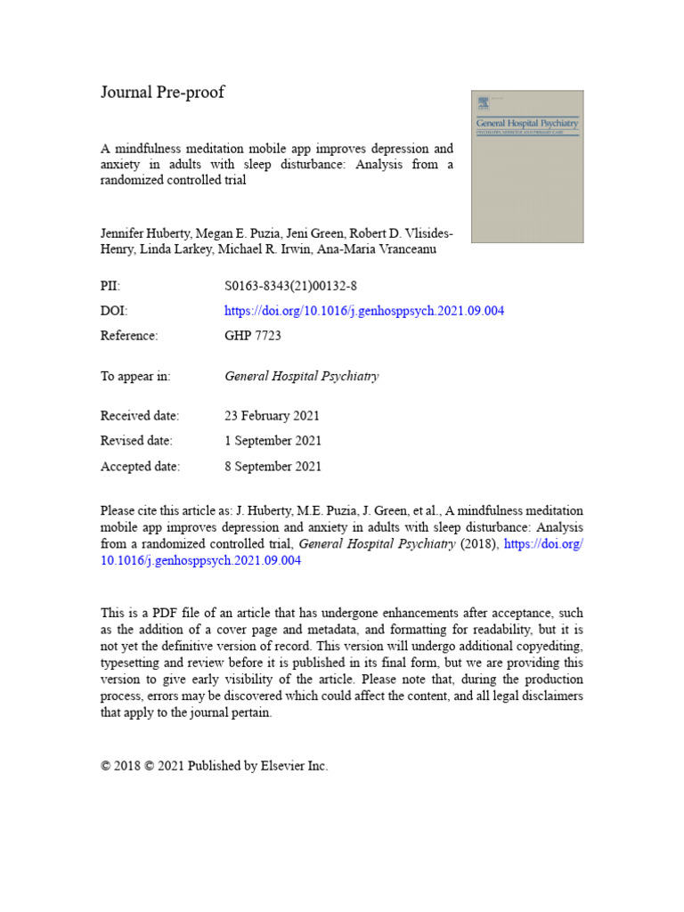 Journal Pre-Proof: General Hospital Psychiatry | PDF | Sleep Disorder ...