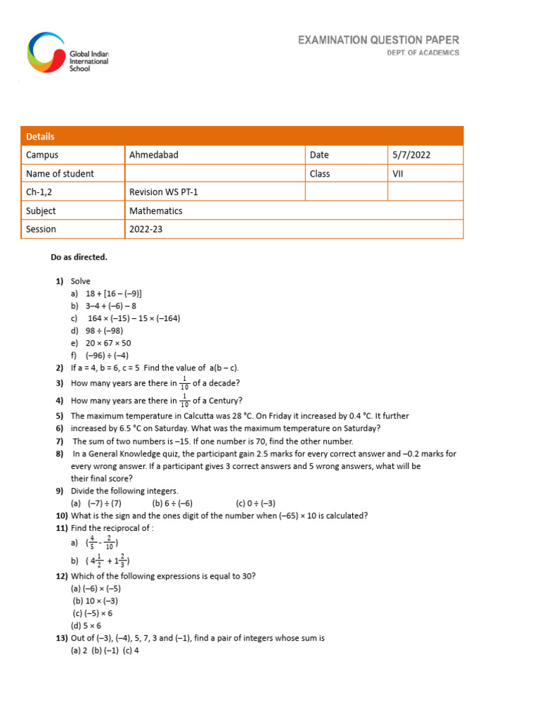 Grade 7 Revision WS PT-1 (22-23) | PDF | Mathematics