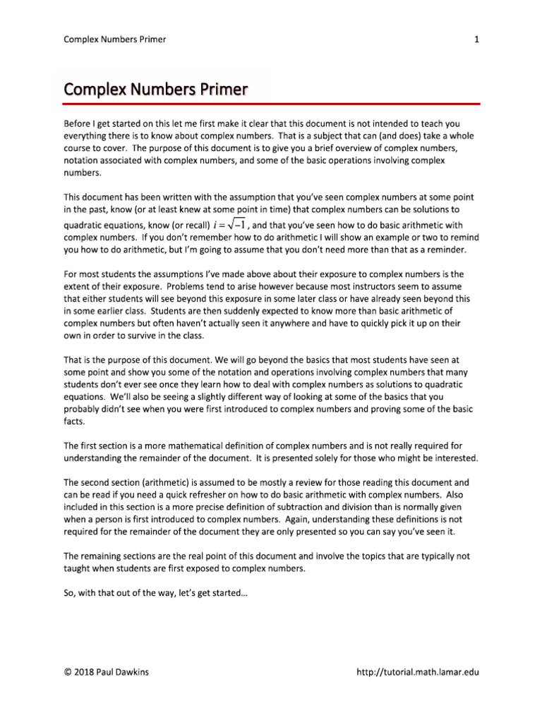Complex Numbers Primer 1 | PDF