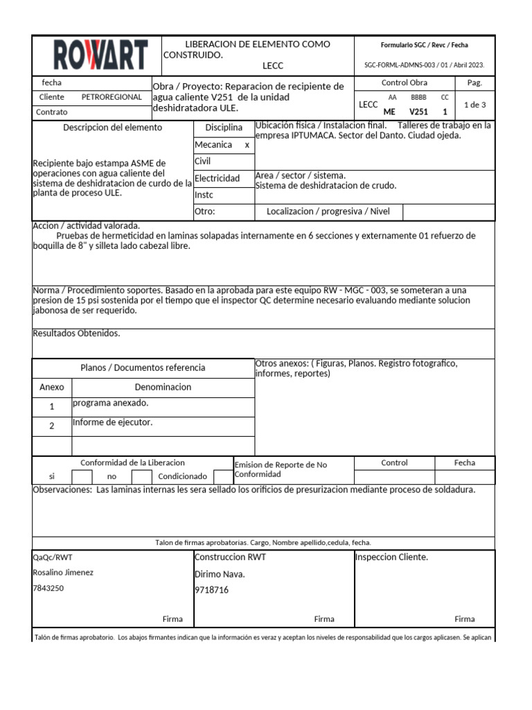 FORMT-QC-GNRL-01. Liberacion de elemenentos como construidos. | PDF