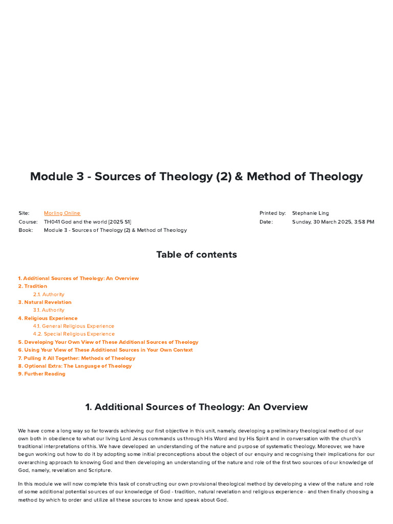 Module 3 - Sources of Theology (2) & Method of Theology - Morling | PDF ...