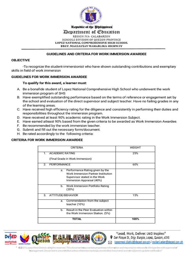 For Work Immersion Awardee | PDF | Teachers | Learning