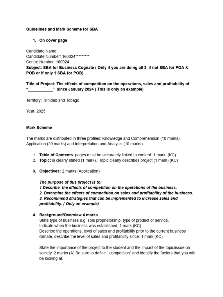 Guidelines and Mark Scheme For SBA | PDF | Questionnaire | Methodology