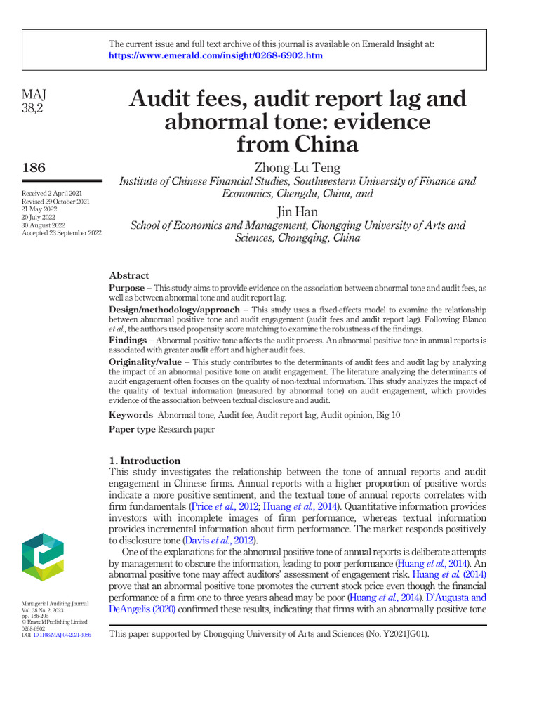 2022 (Emerald) - Audit Fees, Audit Report Lag and Abnormal Tone ...