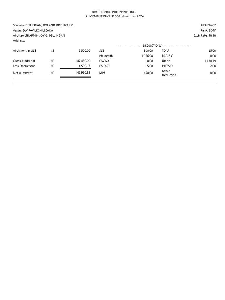 Seaman Allotment Payslip November 2024 | PDF