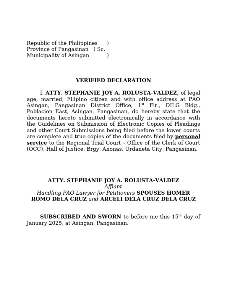 Verified Declaration - Spouses Dela Cruz | PDF