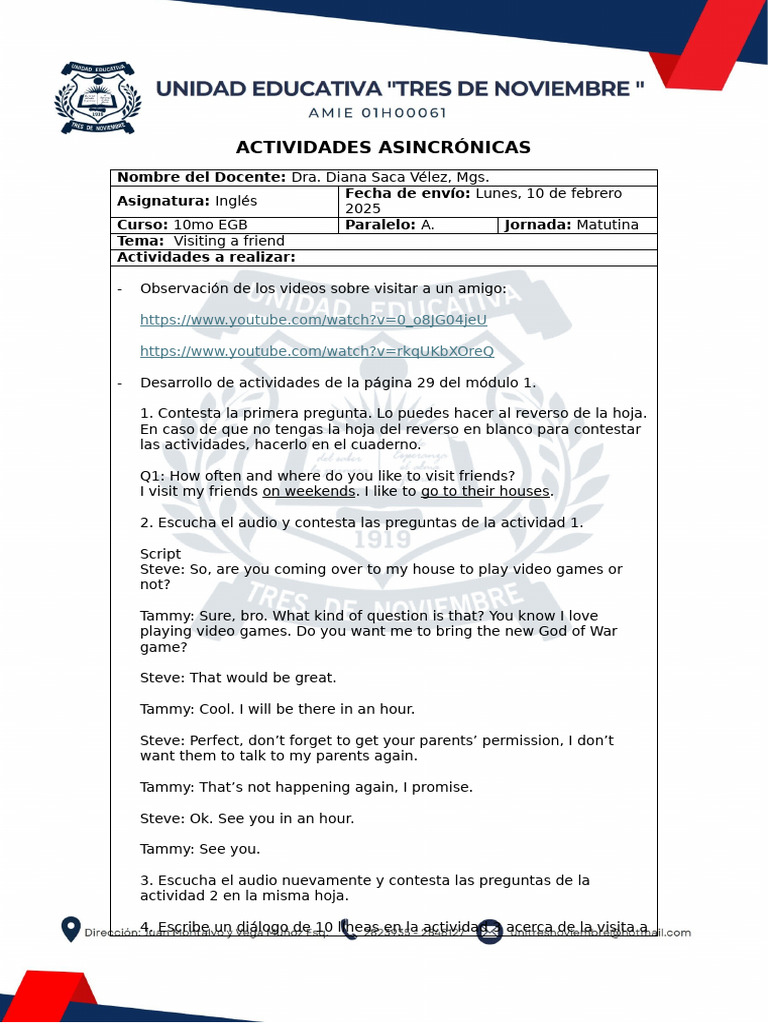 Actividades Asincrónicas Ingles 10mo A EGB 2025-02-10 | PDF