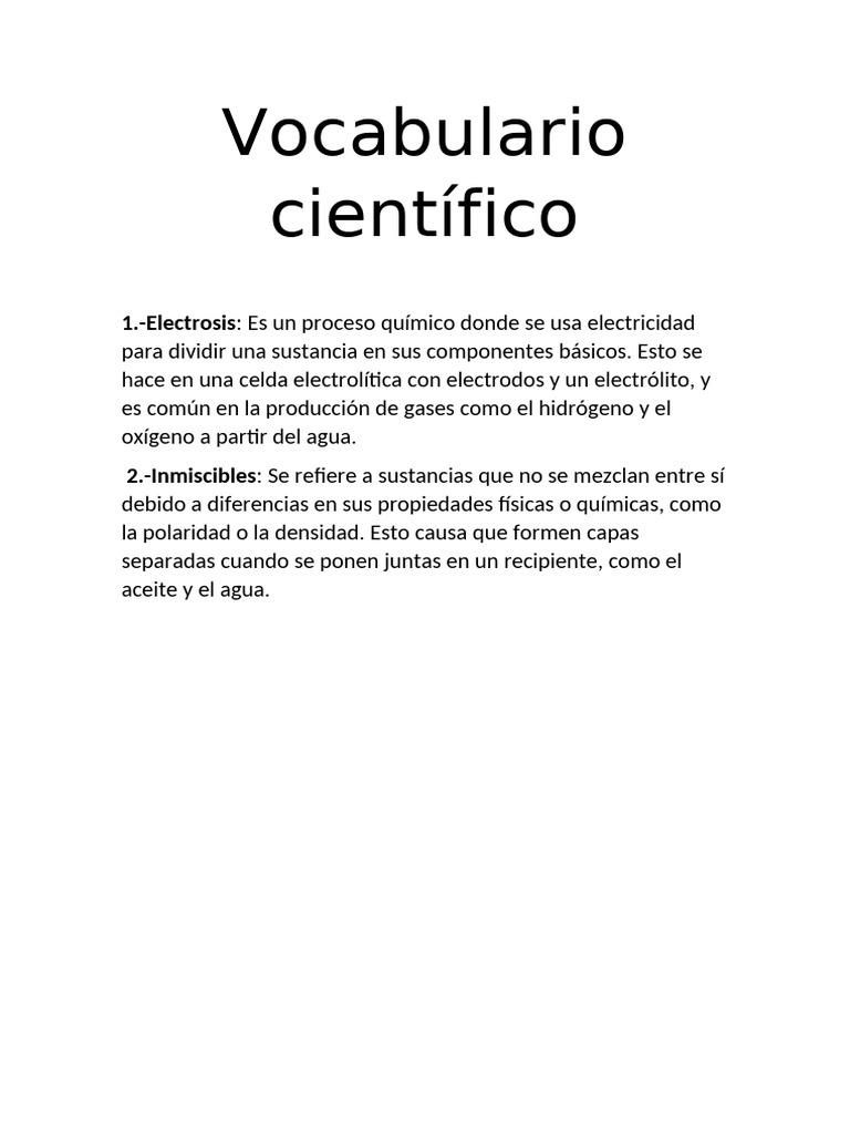Vocabulario Científico: Electrosis e Inmiscibles | PDF