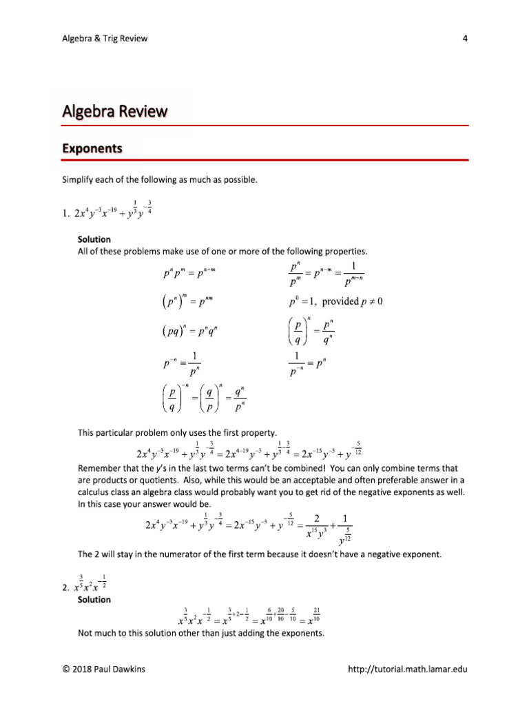 Algebra Review Exponents 2 | PDF