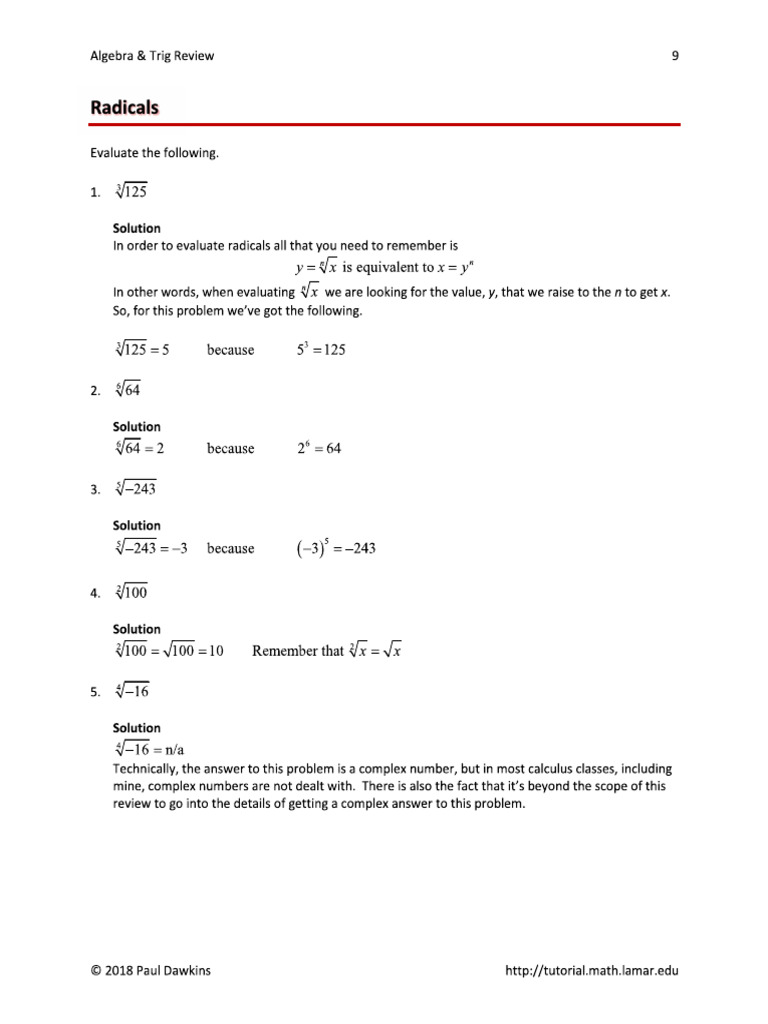 Algebra Review Radicals 4 | PDF