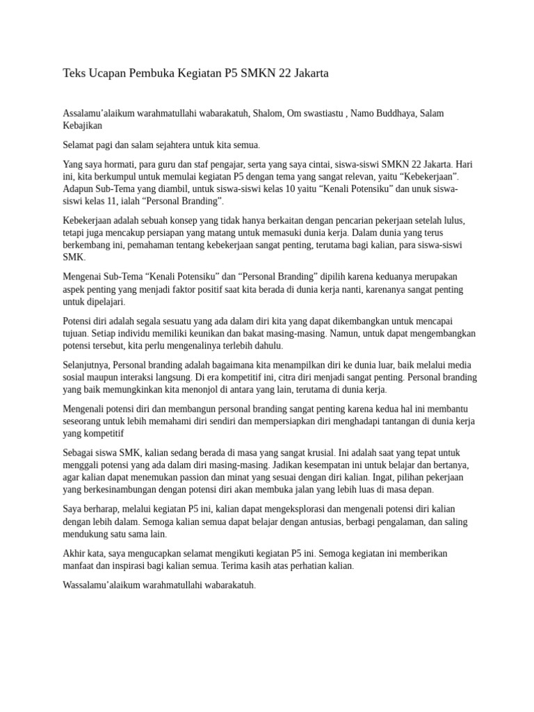 11zon - Teks Ucapan Pembuka Kegiatan P5 SMKN 22 Jakarta | PDF