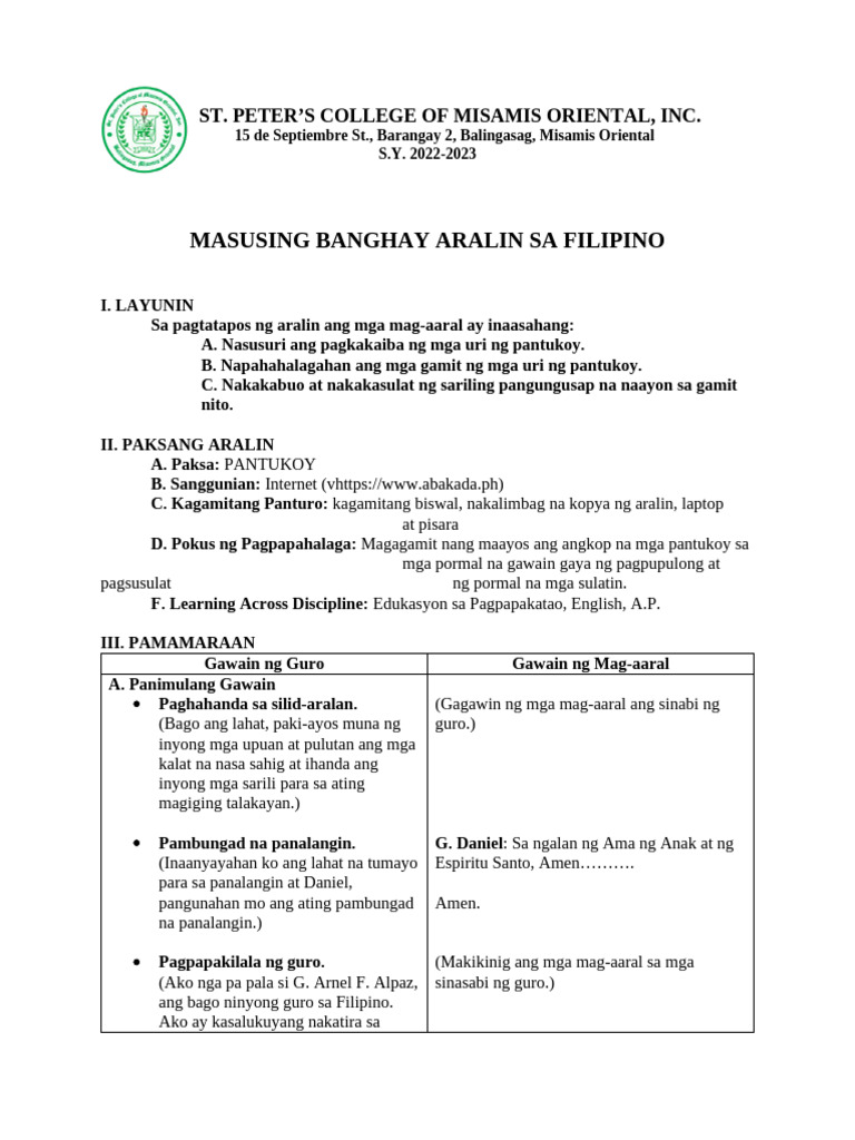 Masusuing Banghay Ni Arnel | PDF