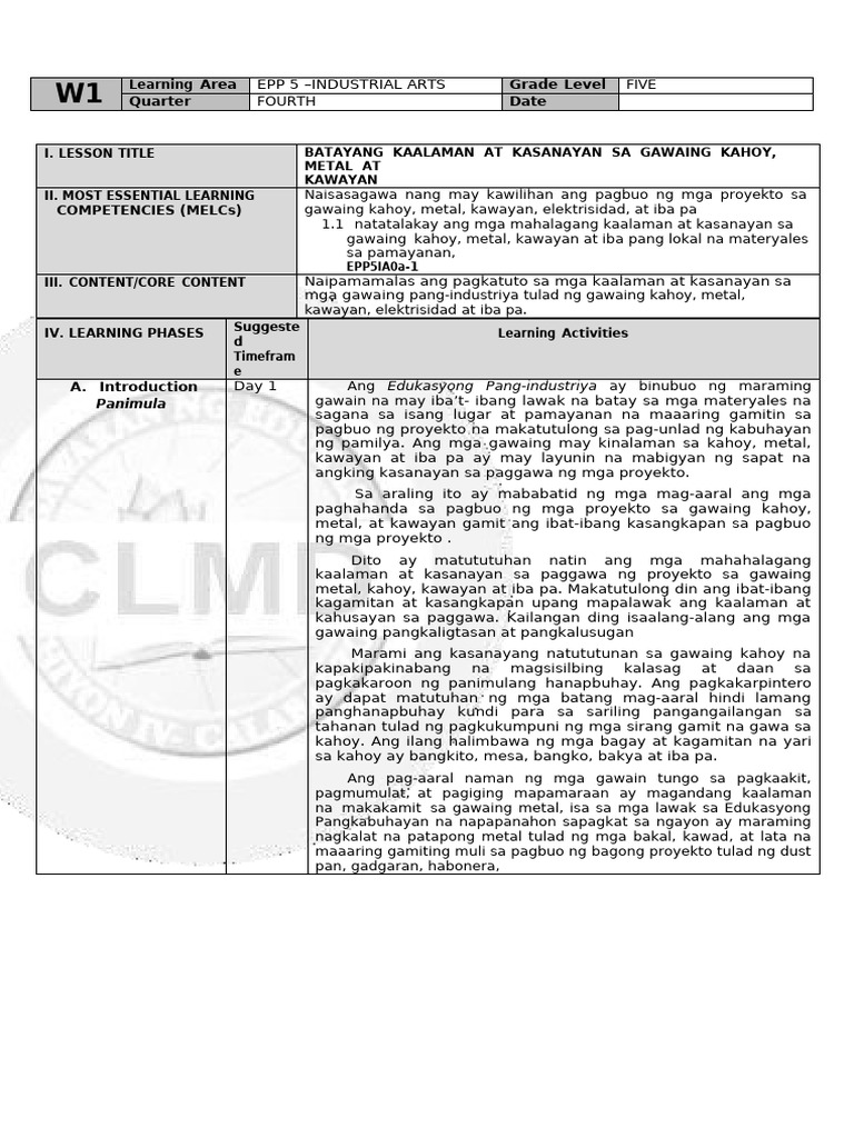 Epp 5 - Industrial Arts Five Fourth: Learning Area Grade Level Quarter Date | PDF