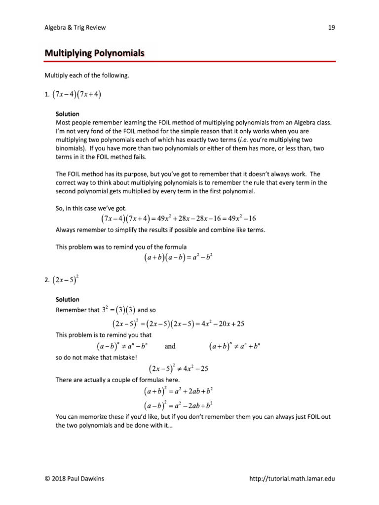 Algebra Review Polynomials 7 | PDF