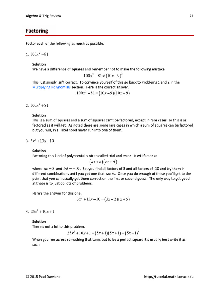 Algebra Review Factoring 8 | PDF