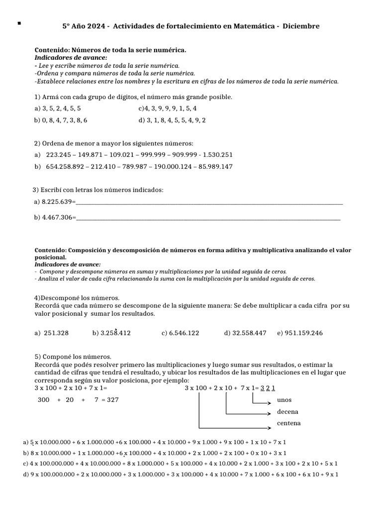 Actividades Matemática - Diciembre 5° Año E.P | PDF | División ...